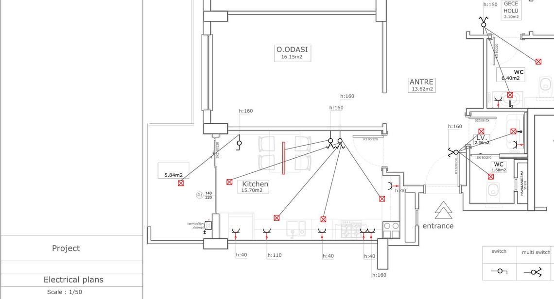 Printable Modern Kitchen Bathroom Floor Plan, Electrical and Plumbing ...