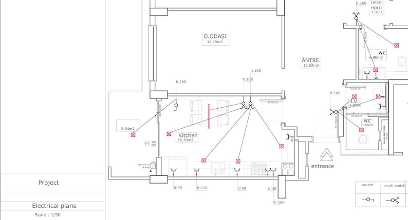 Printable Modern Kitchen Bathroom Floor Plan, Electrical and Plumbing ...