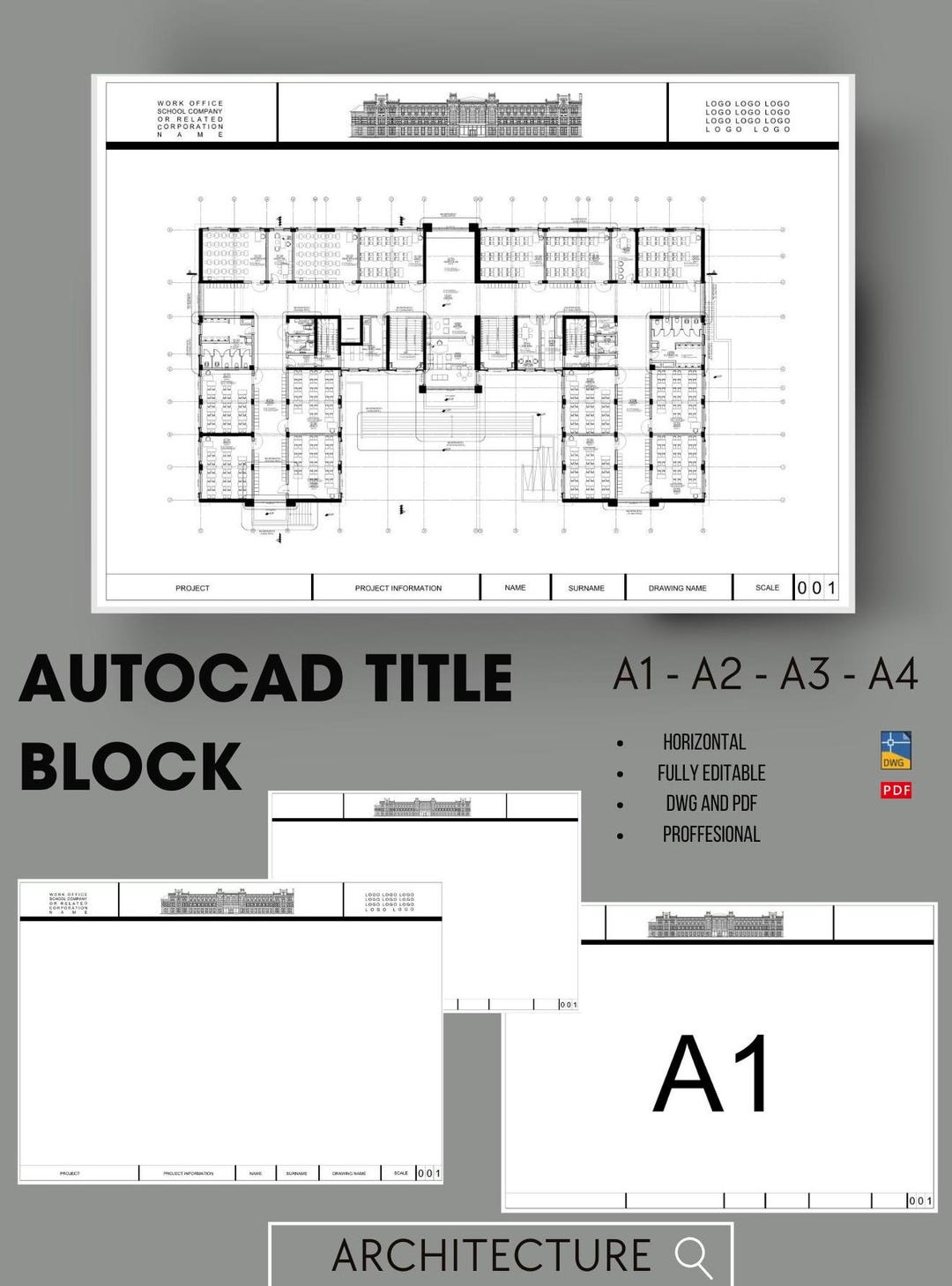 Editable Architectural Title Block Template | Autocad DWG & PDF | A1 A2 ...