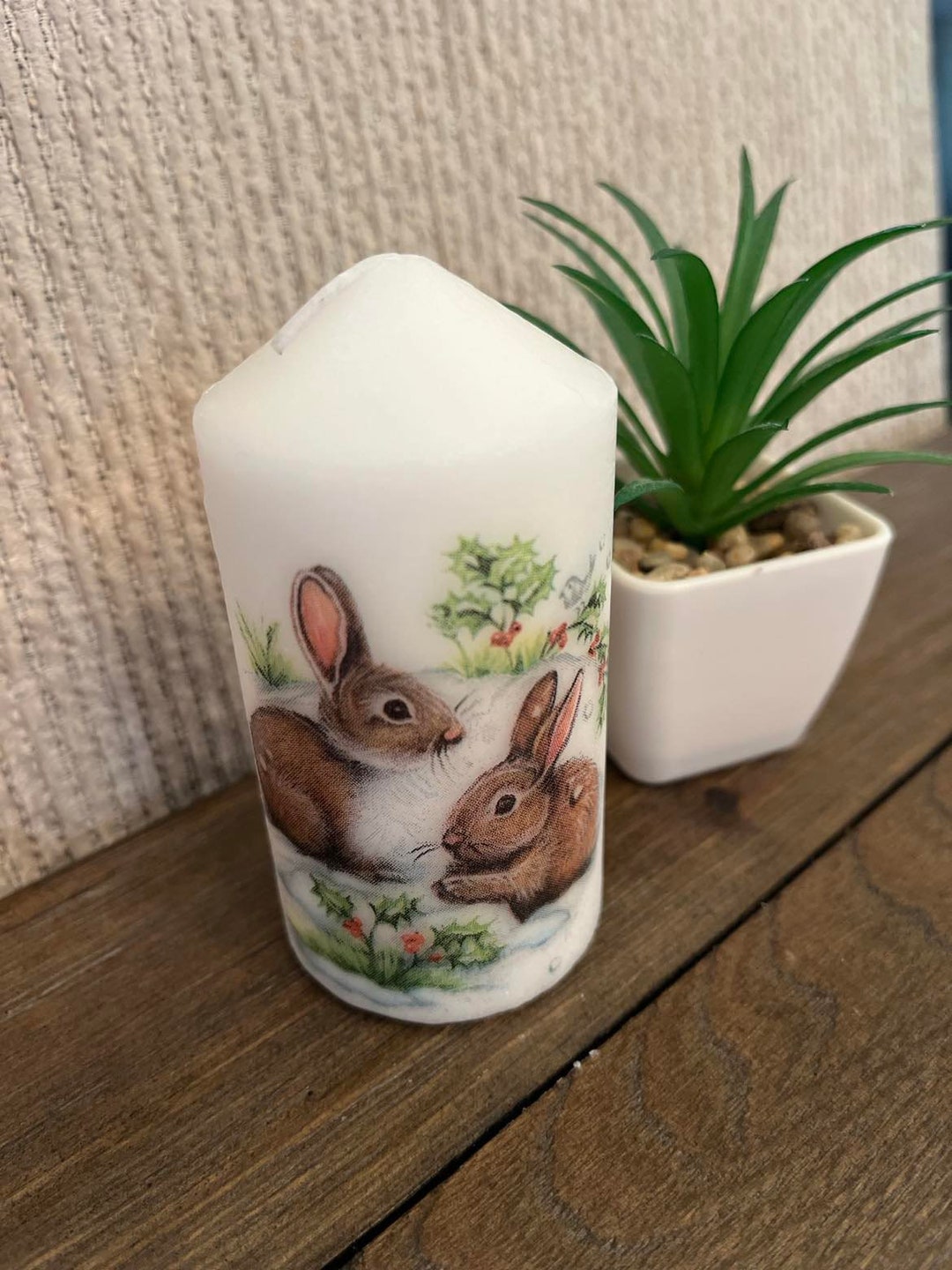 Decoupage Rabbit Decorative Pillar Candle - Etsy