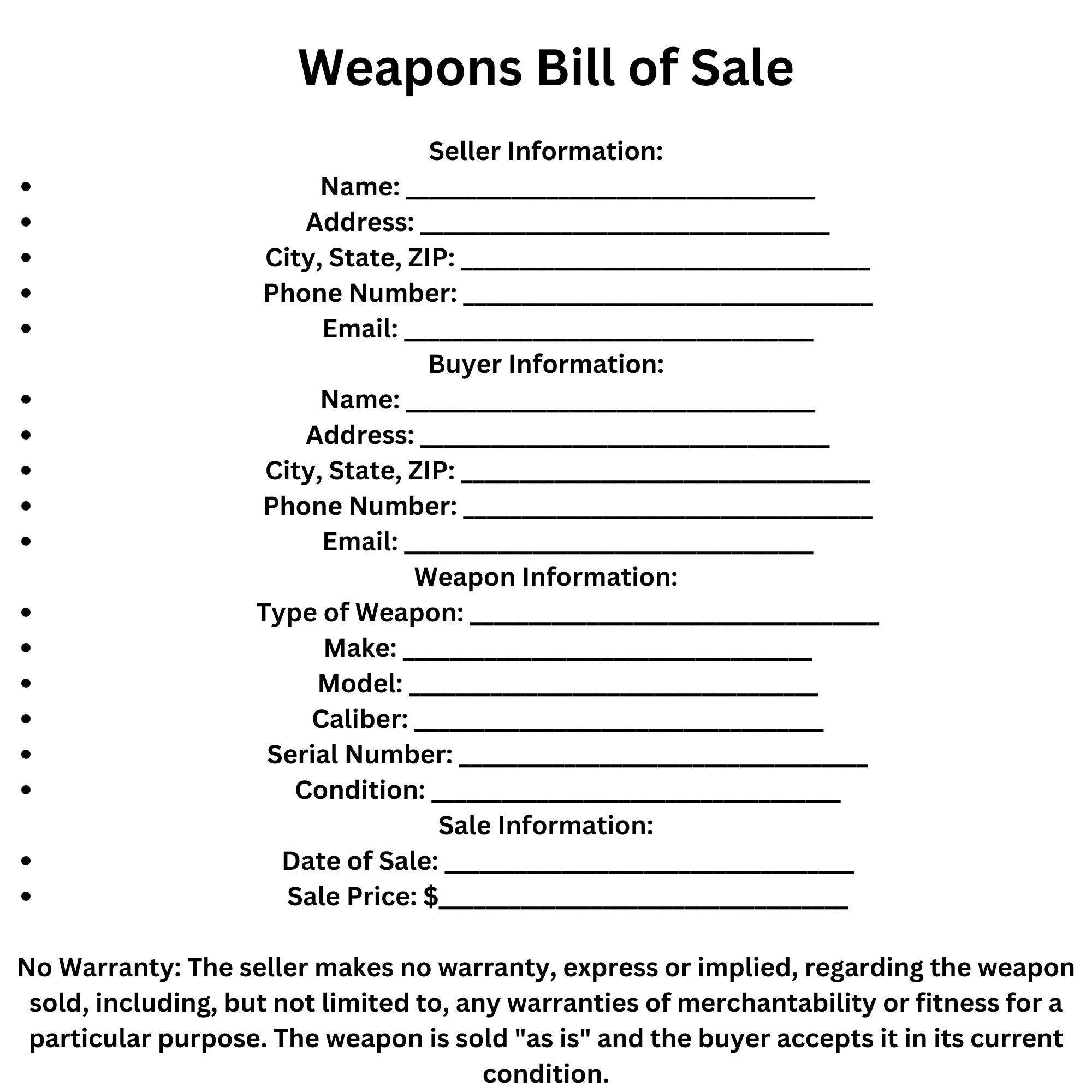 Editable & Printable Weapons Bill of Sale Contract - Customizable ...
