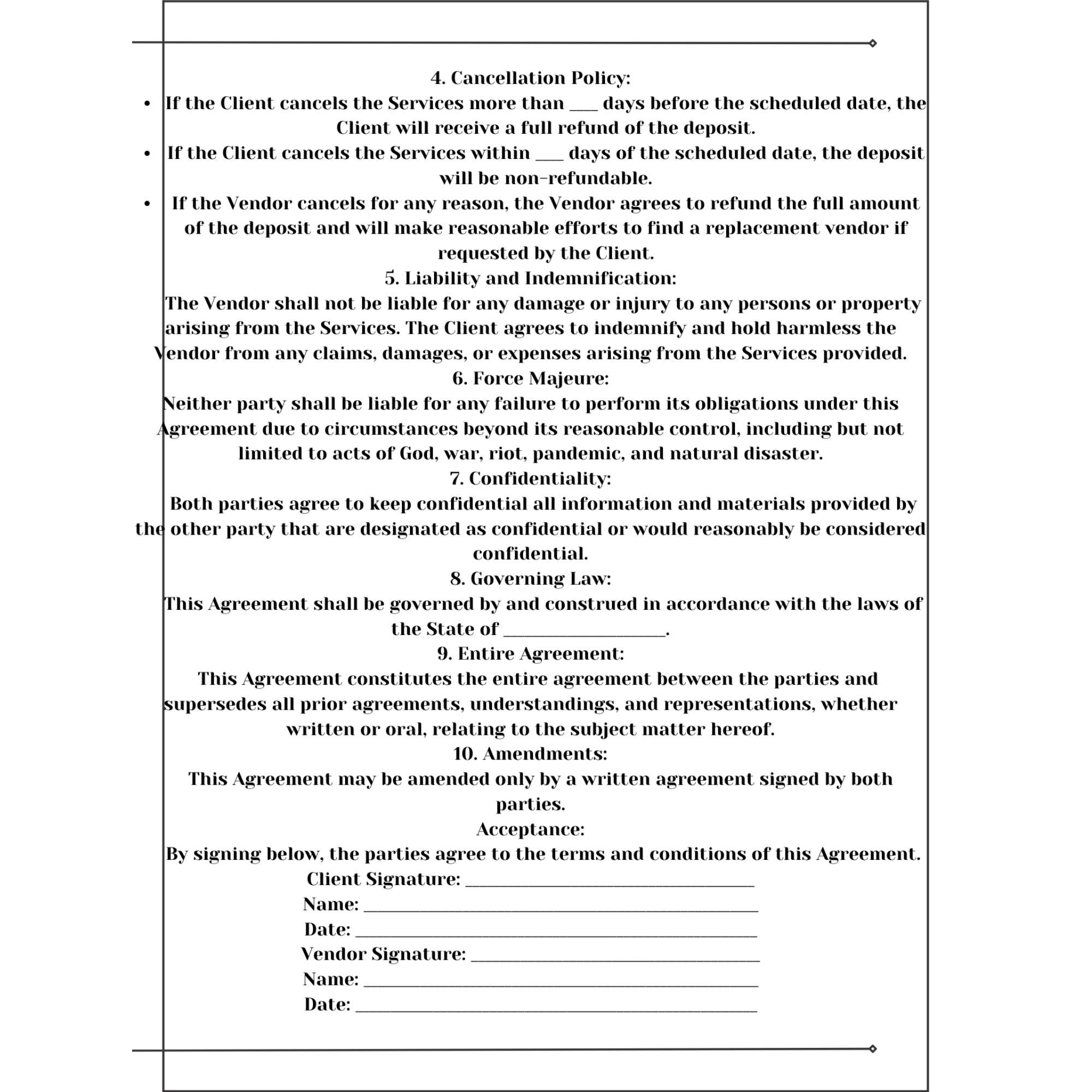 Editable & Printable Event Vendor Agreement Contract - Customizable ...