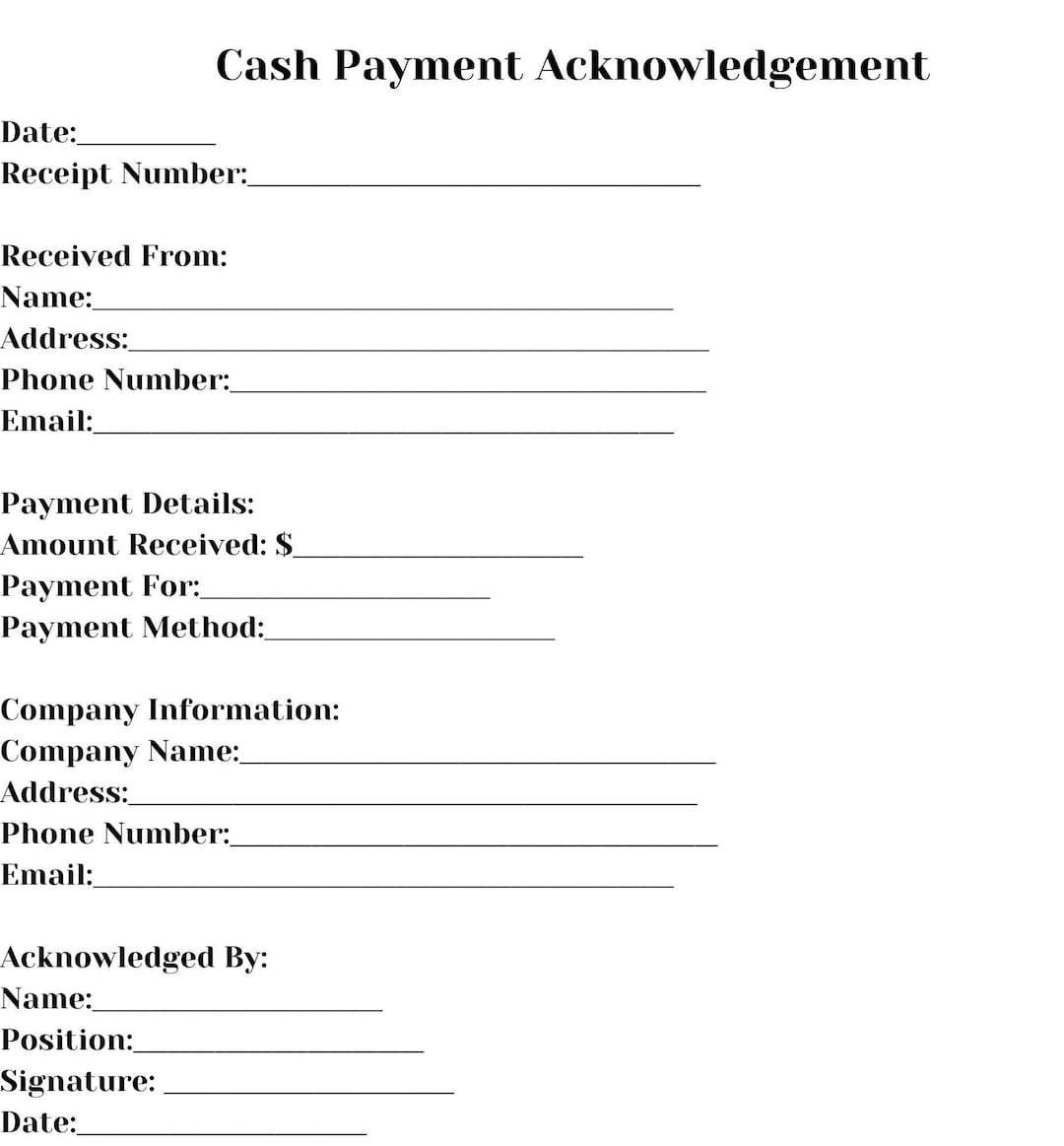 Cash Payment Acknowledgement, Editable & Printable Cash Payment ...