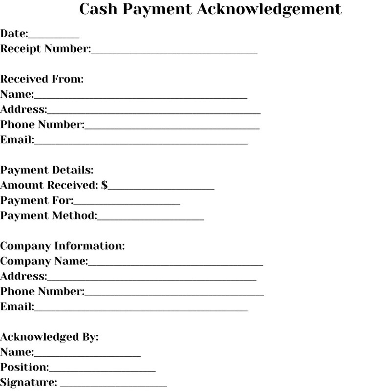 Cash Acknowledgement Template - Etsy