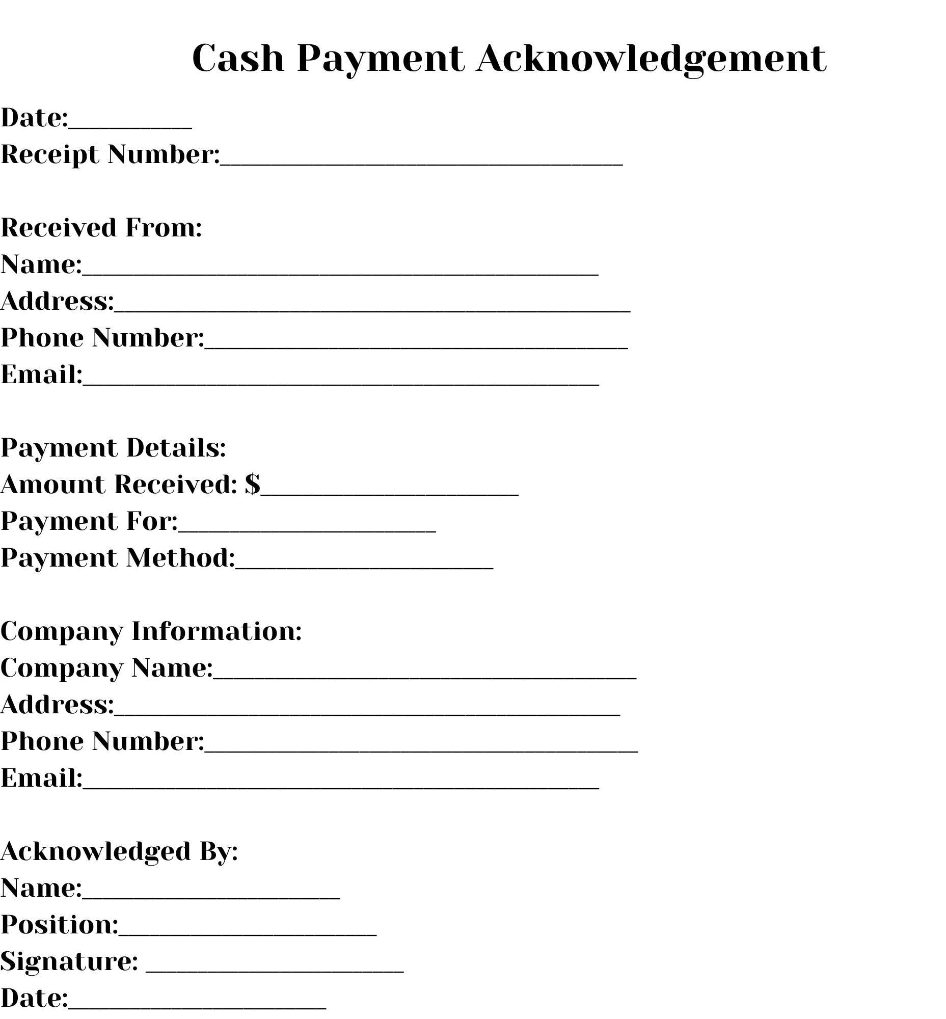 Cash Payment Acknowledgement, Editable & Printable Cash Payment ...