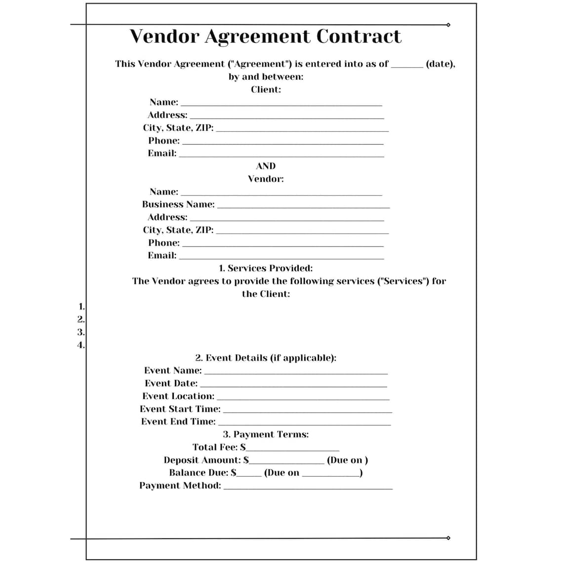 Editable & Printable Event Vendor Agreement Contract - Customizable ...