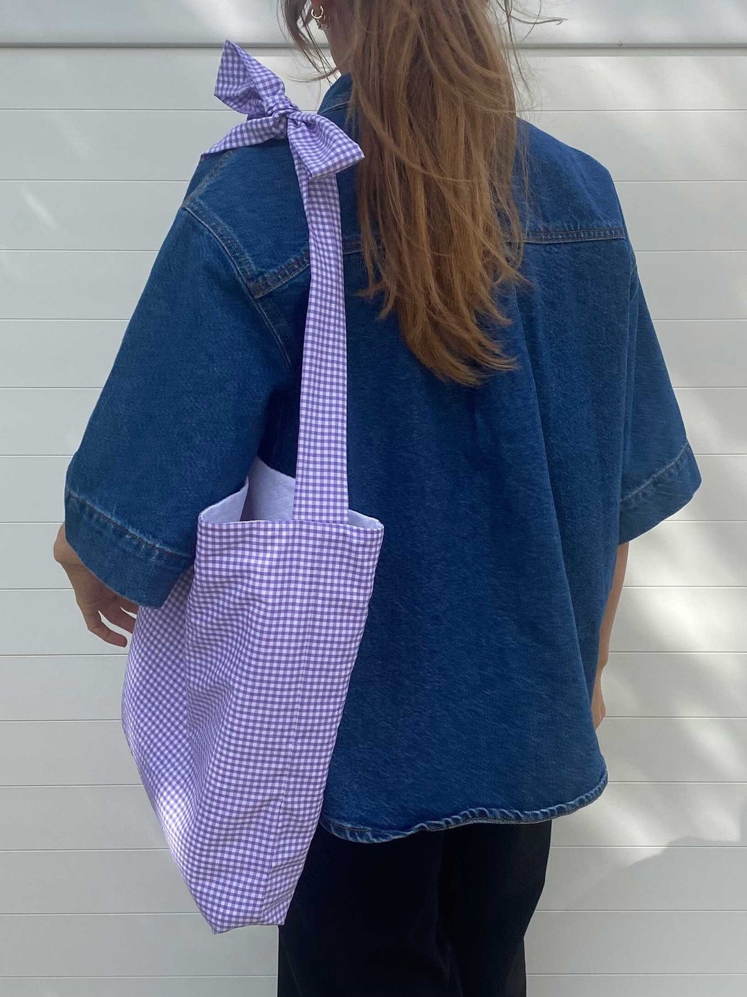 Reversible Bow Tote Bag in Purple Gingham Cotton - Etsy
