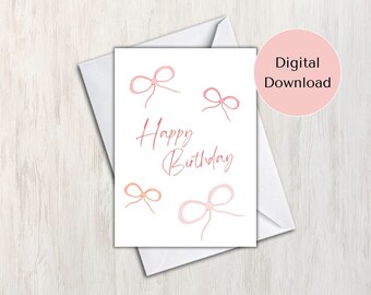 Hand Drawn Happy Birthday Pink Bow Card Printable Etsy