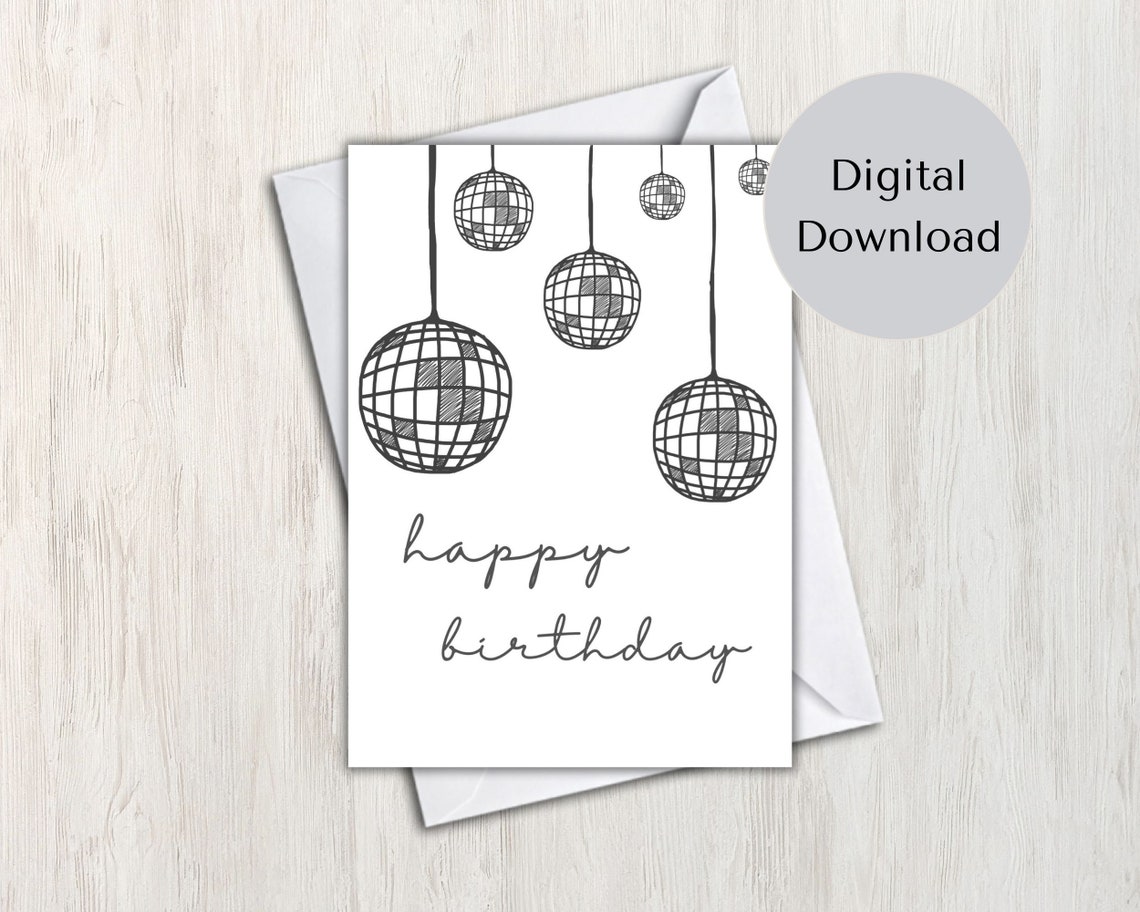 Hand Drawn Disco Ball "happy Birthday" Card (printable) - Etsy