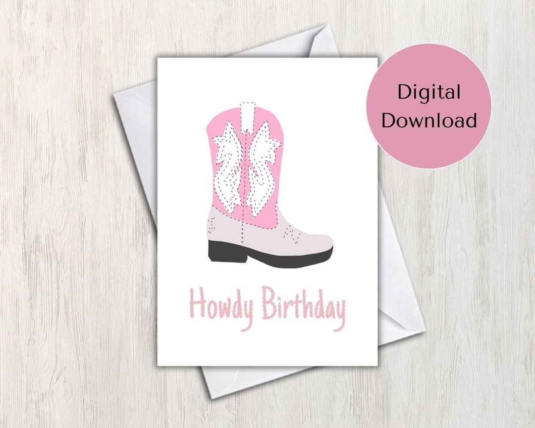 Hand Drawn Pink Cowboy Boot Birthday Card (printable) - Etsy