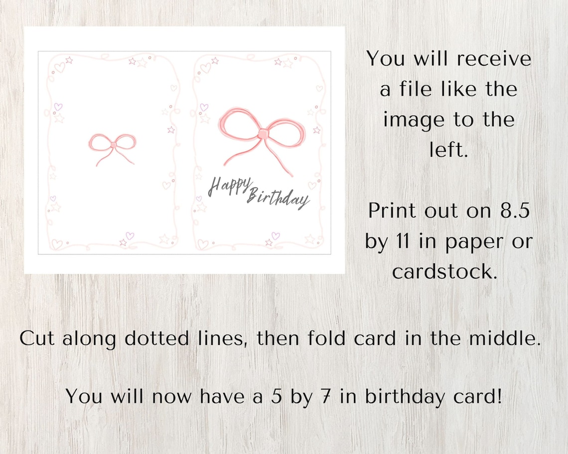 Hand Drawn Happy Birthday Pink Bow Card Printable Etsy