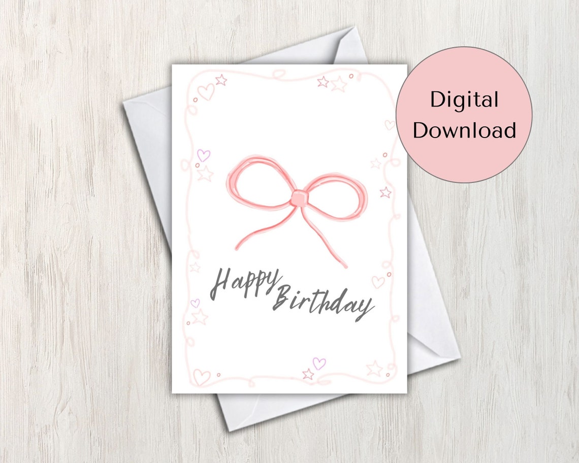 Hand Drawn "happy Birthday" Pink Bow Card (printable) - Etsy