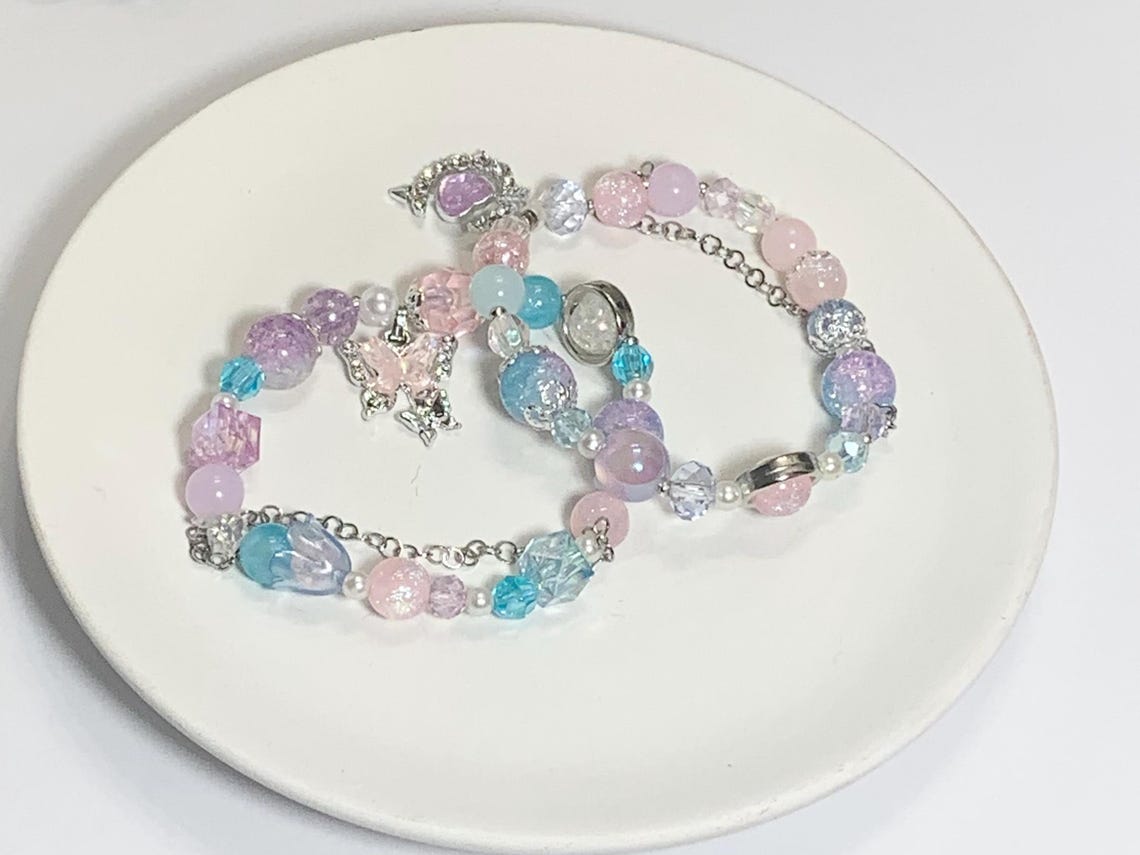 Cotton Candy Aesthetic Crystal Bead Bracelet With Silver Charms and ...