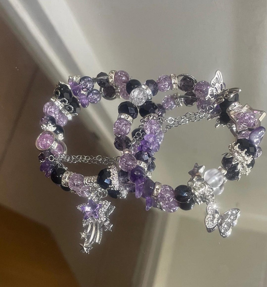 Purple Amethyst Beaded Bracelets With Silver Charms and Chains - Etsy