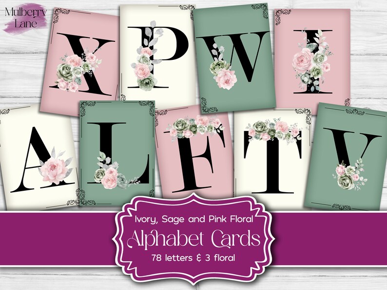 Vintage Pink Sage Green Ivory Alphabet Cards, Letter Tags, Printable ...
