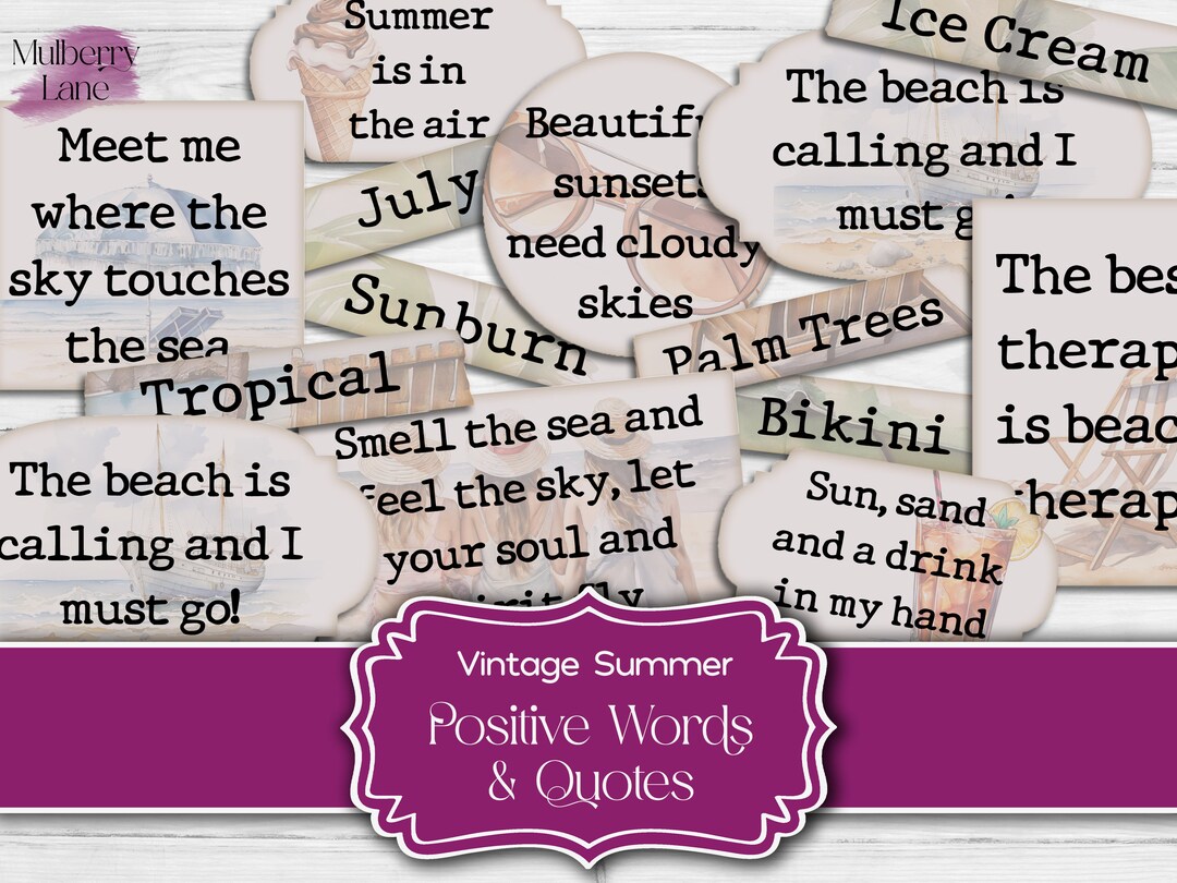 Vintage Summer Positive Words, Happy Junk Journal Quotes, Printable ...