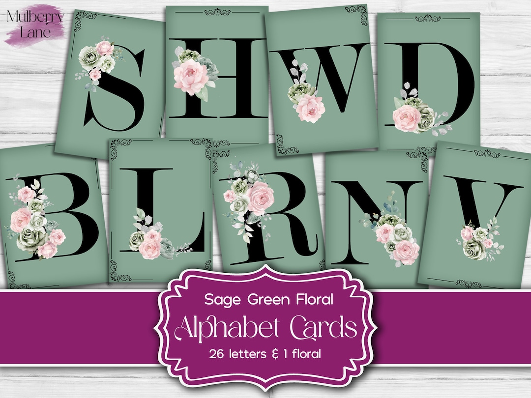 Sage Green Alphabet Cards, Pink Floral Letter Tags, Printable Ephemera ...