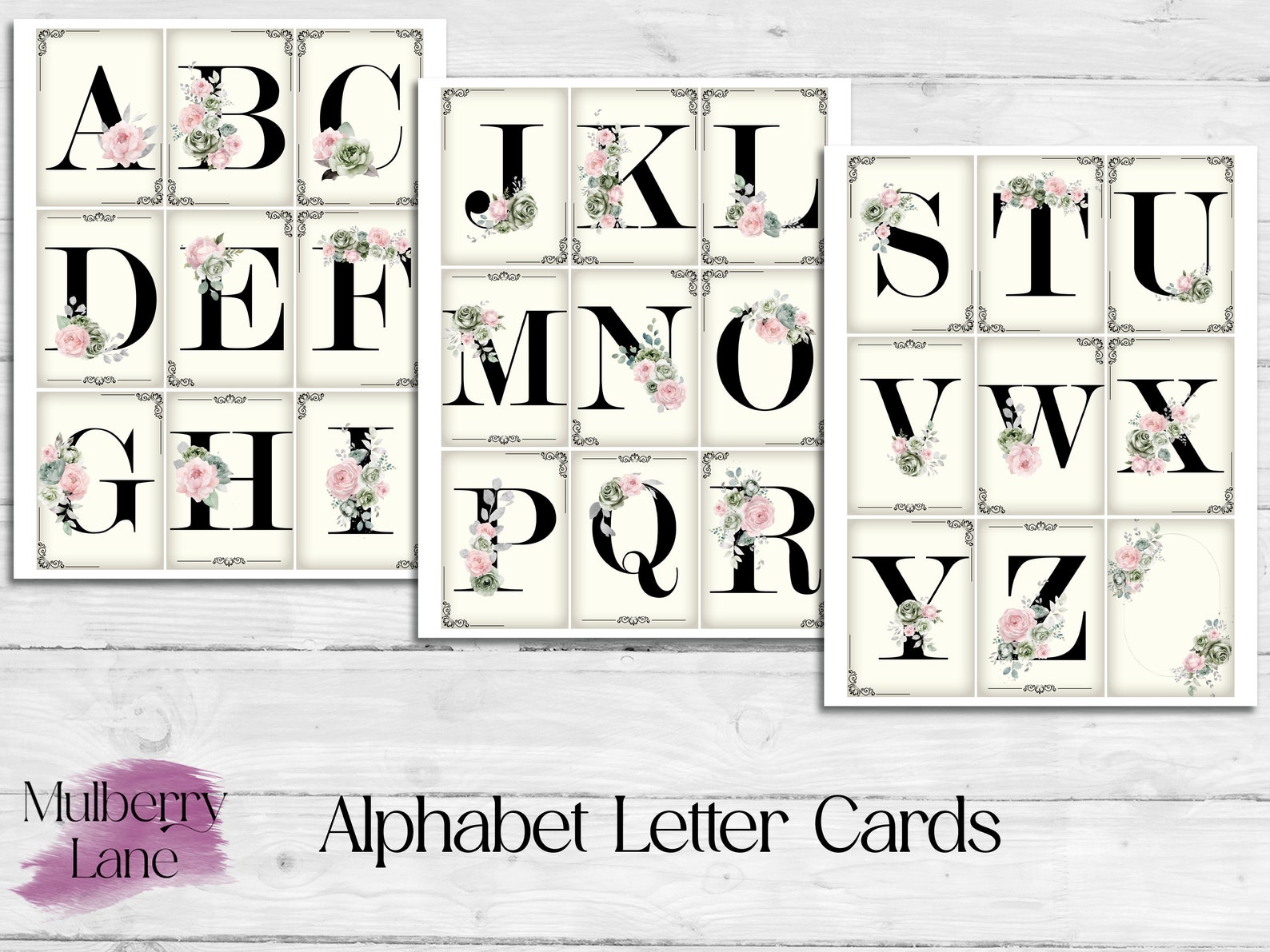 Ivory Alphabet Cards, Green & Pink Floral Letter Tags, Cream Printable ...