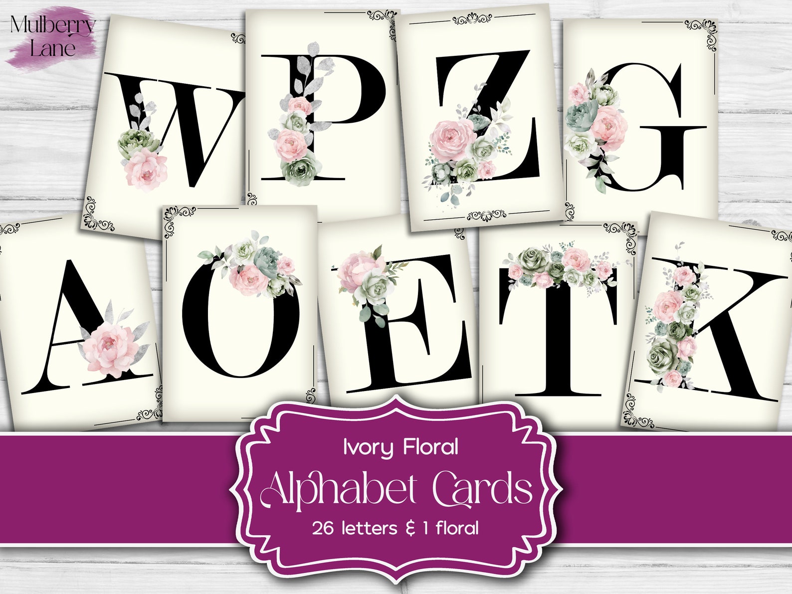 Ivory Alphabet Cards, Green & Pink Floral Letter Tags, Cream Printable ...