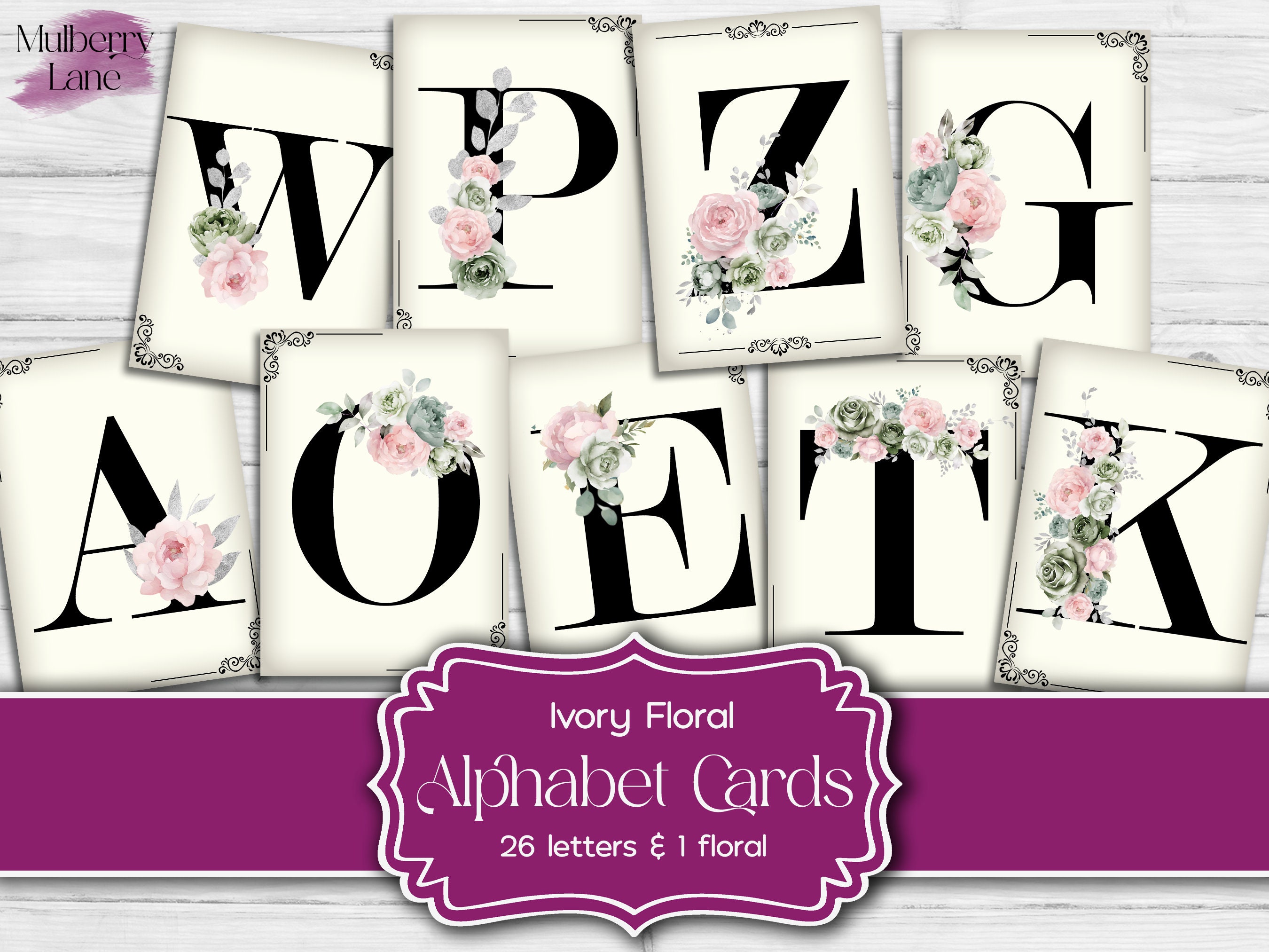 Ivory Alphabet Cards, Green & Pink Floral Letter Tags, Cream Printable ...