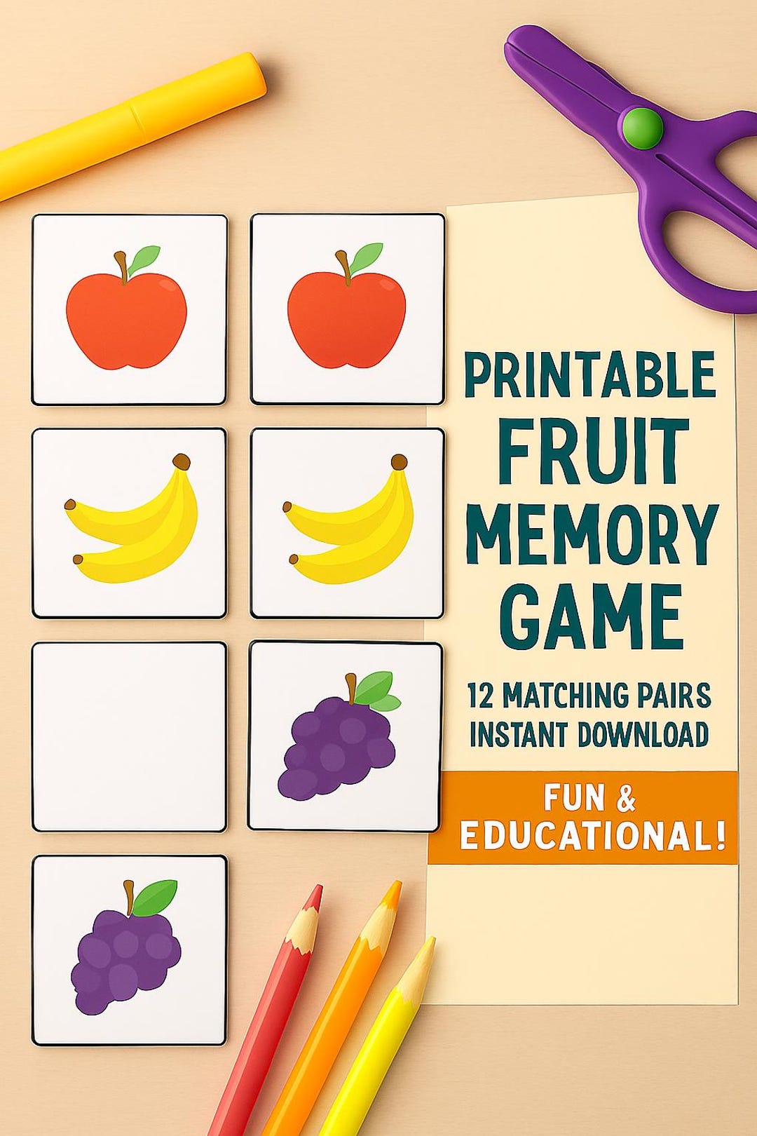 Printable Fruit Memory Game – Matching Cards for Kids, Preschool ...
