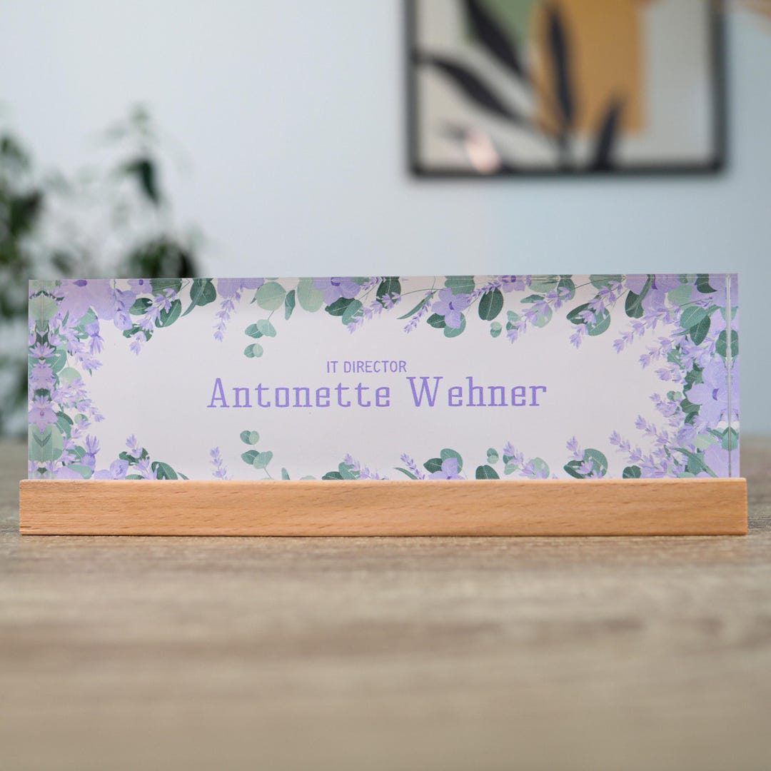 Desk Name Plate Acrylic Sign Purple Floral Custom Acrylic Name Plate ...