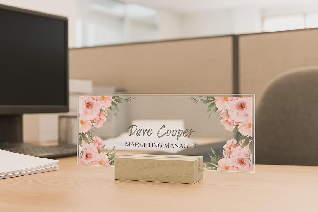 Desk Name Plaque Acrylic Floral Office Name Plate for Teacher or ...