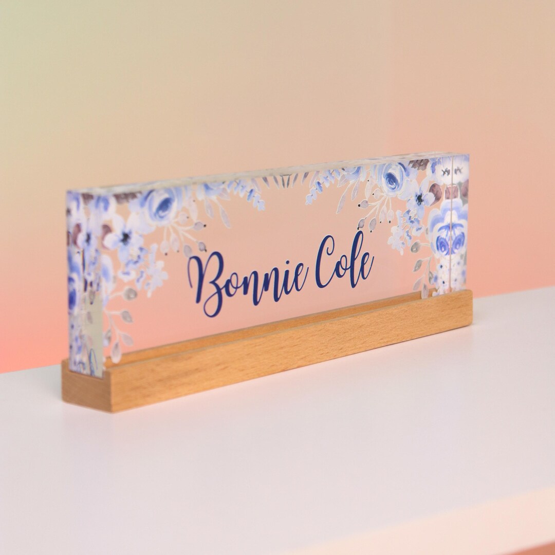 Desk Name Plate Custom Blue Acrylic Floral Office Decor Personalized ...