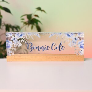 Desk Name Plate Custom Blue Acrylic Floral Office Decor Personalized ...
