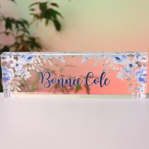 Desk Name Plate Custom Blue Acrylic Floral Office Decor Personalized ...