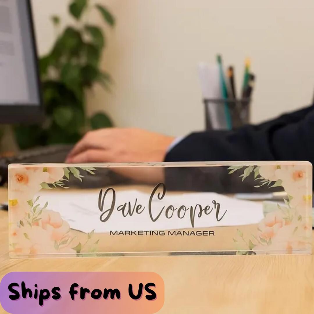 Pink Desk Name Plaque: Acrylic Custom Plate With Flowers for Teacher ...