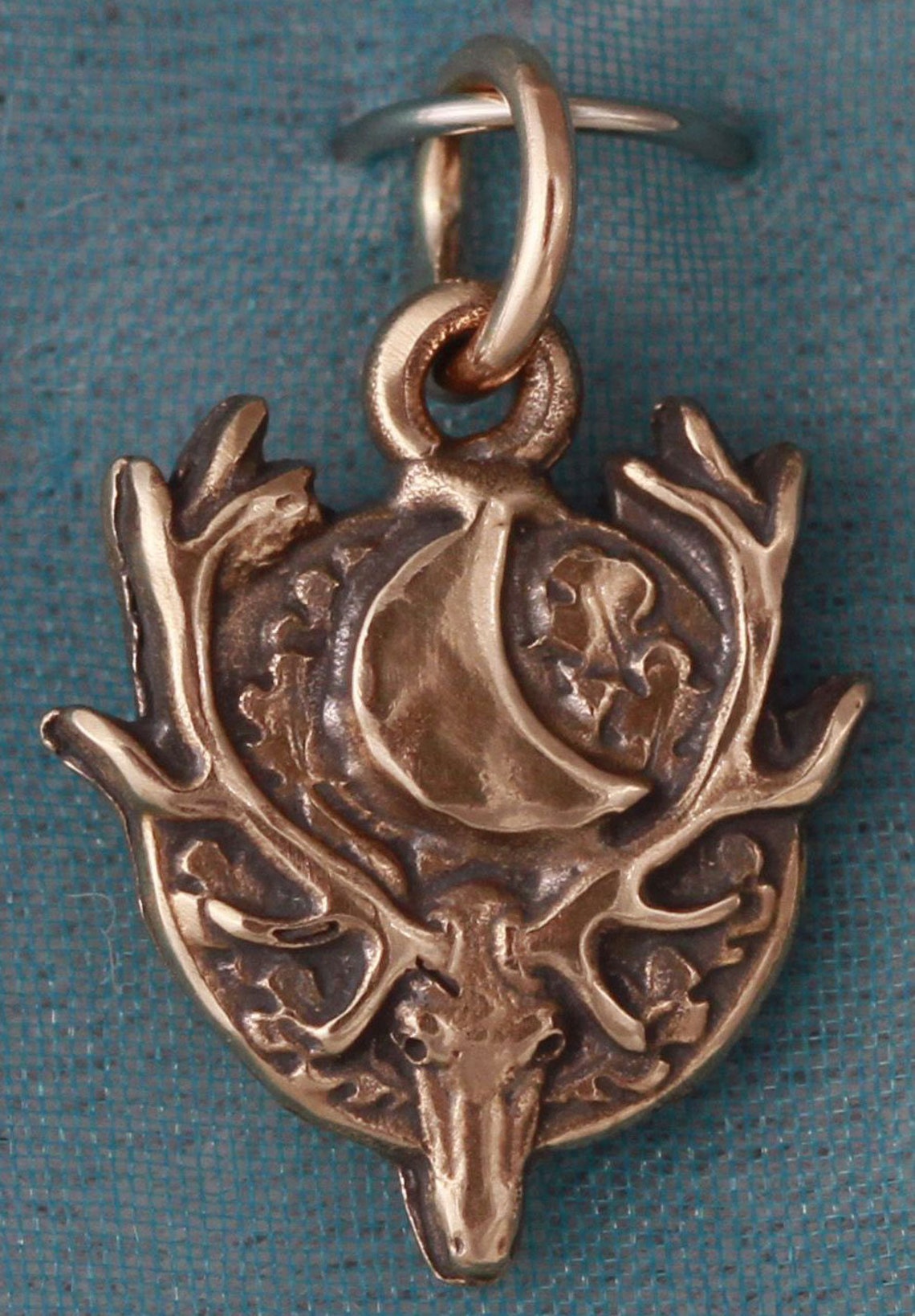 Small Stag With Crescent Moon Bronze Pendant Charm | Etsy