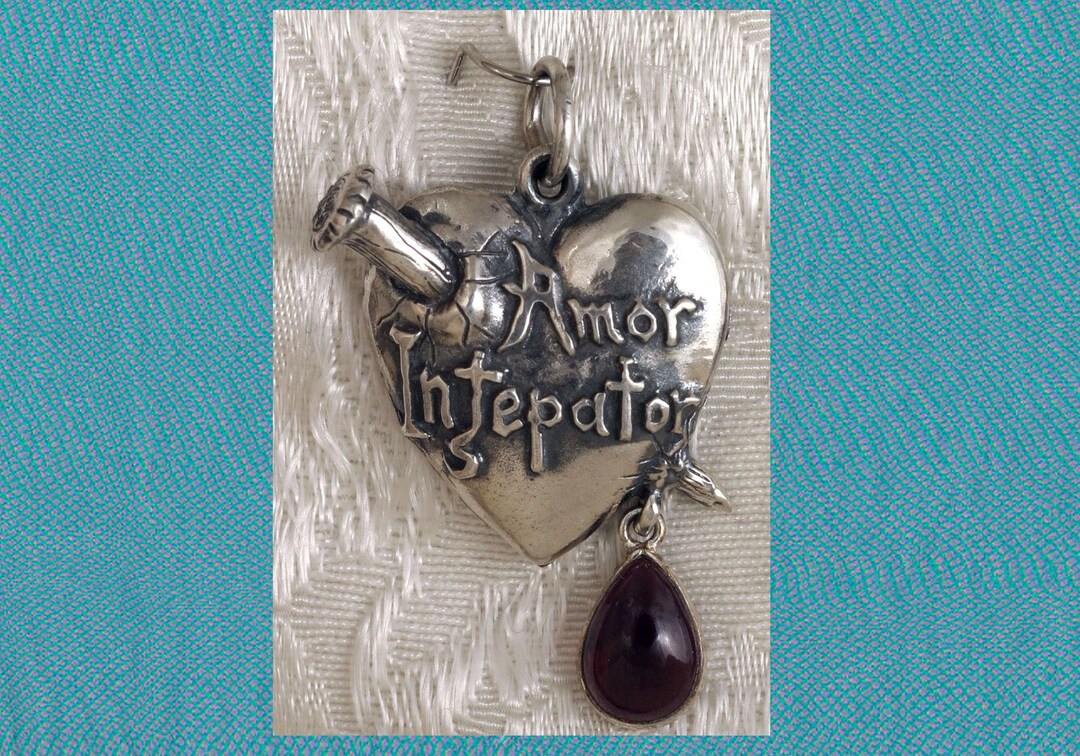 Large Vampire Pierced Heart Sterling Silver Pendant Set With a Garnet ...