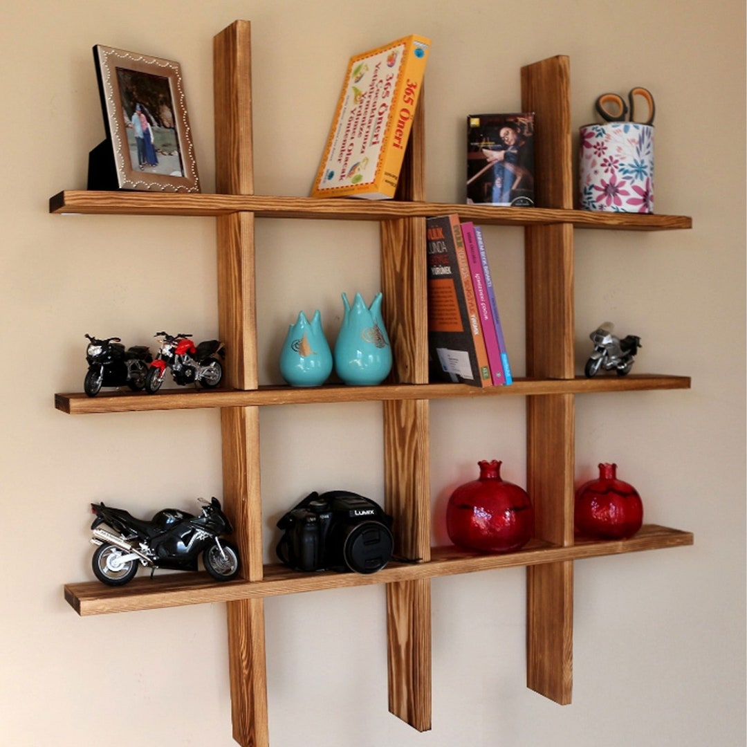 Solid Walnut Wood Wall Bookshelf 12 Compartment Floating Shelf for Room ...