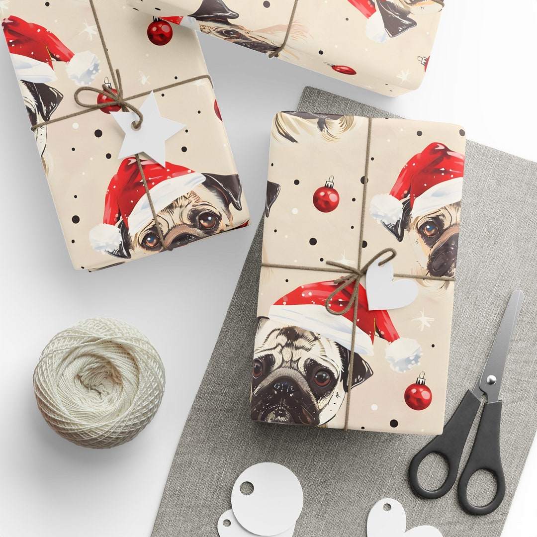 Pug Wrapping Paper - Festive Christmas Design, High-quality 90gsm ...