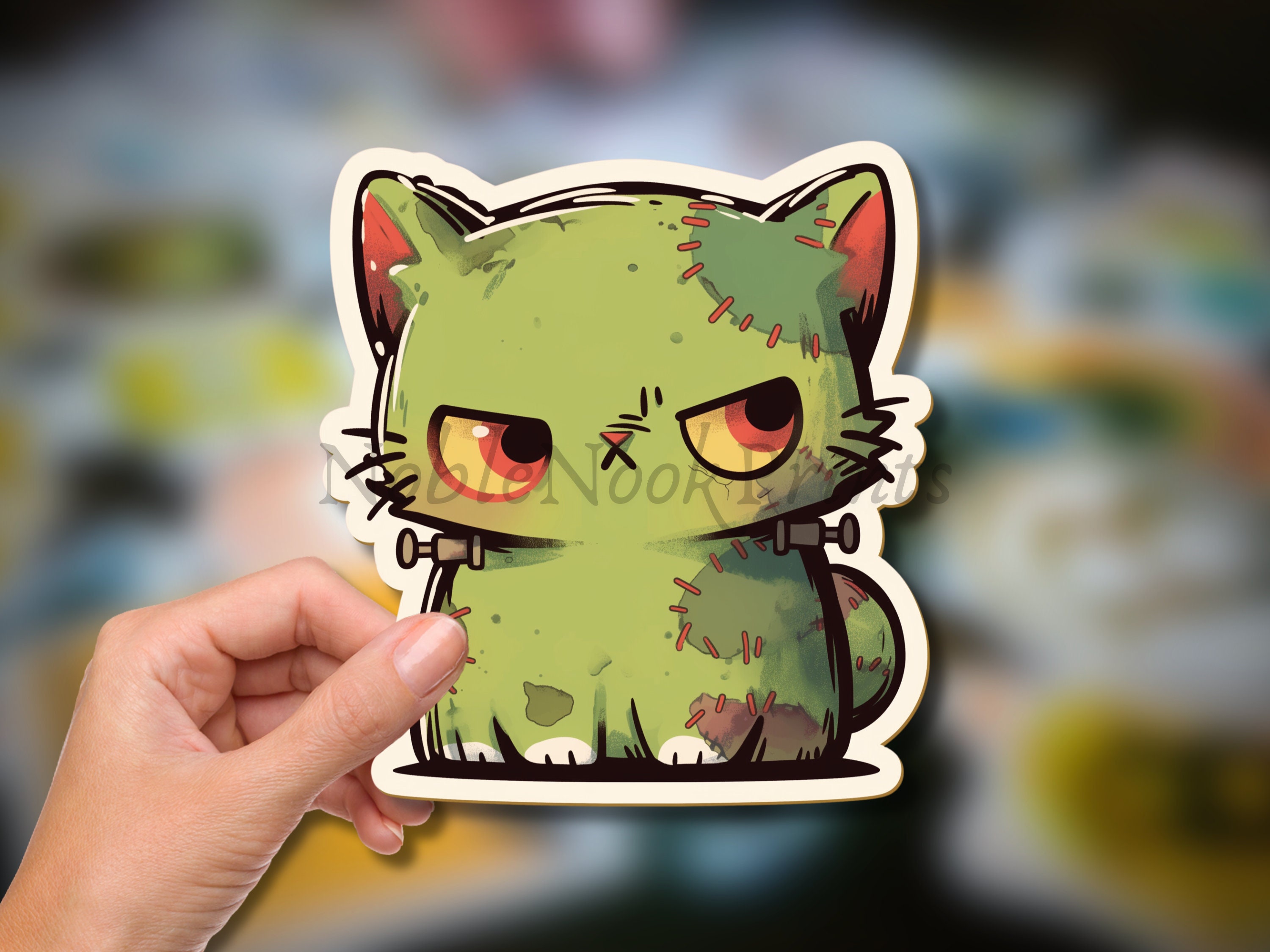 Frankenstein Cat Sticker Glossy, Spooky Halloween, Scratch-resistant ...