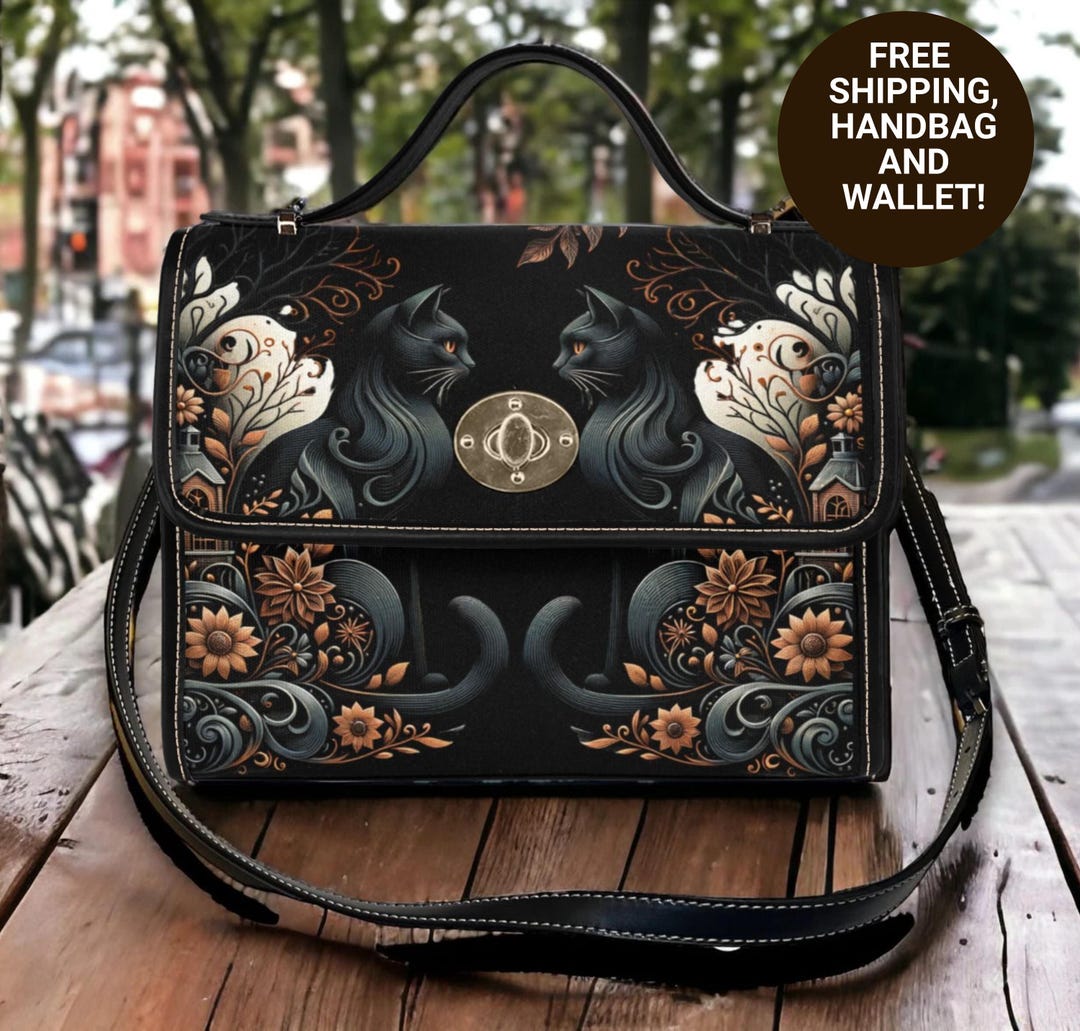 Cottagecore Gothic Cat Handbag and Zipper Wallet, Cottage Core Handbag ...
