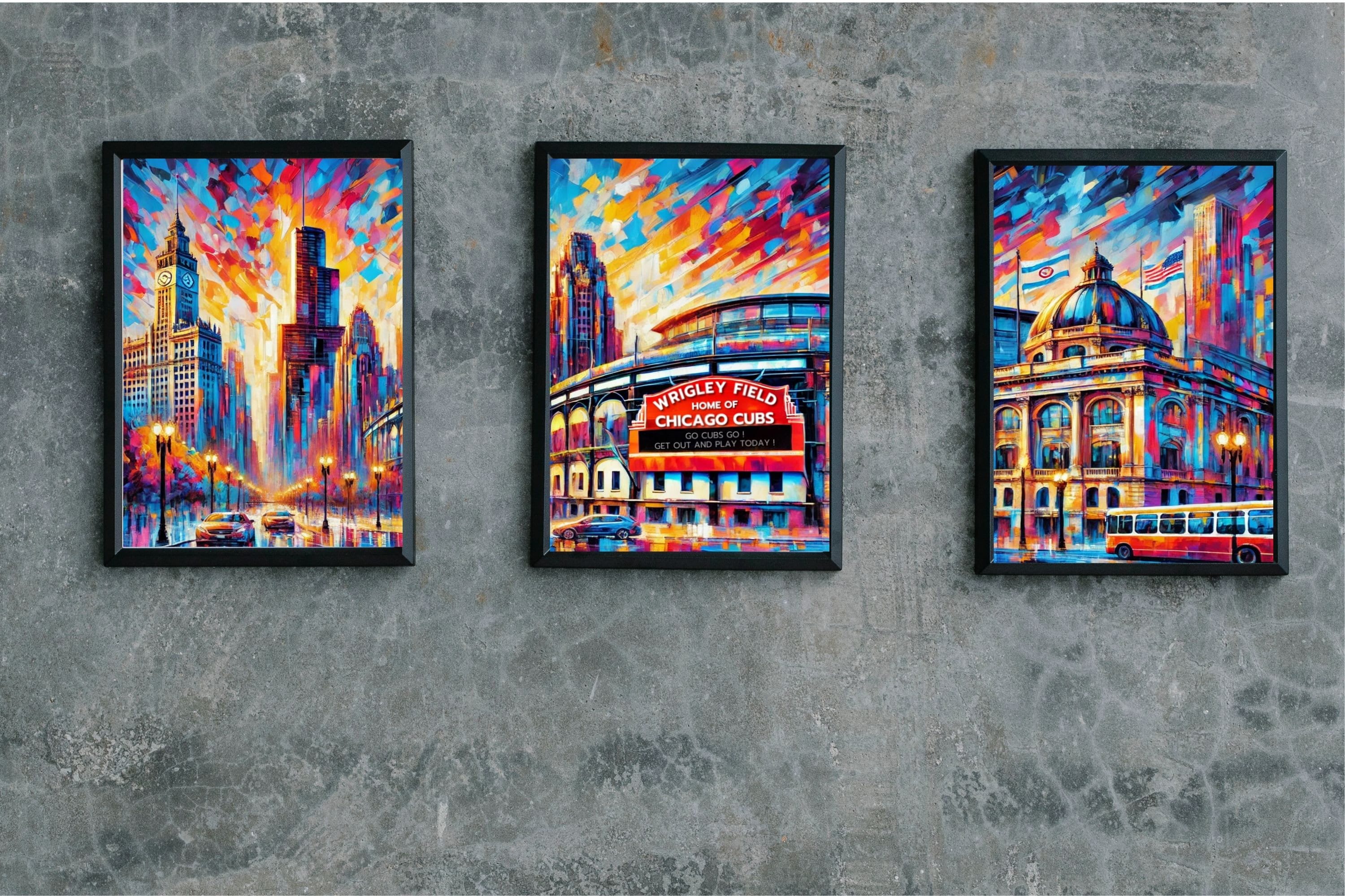 Colorful Chicago Cityscape Triptych,vibrant Wall Art of Wrigley Field ...