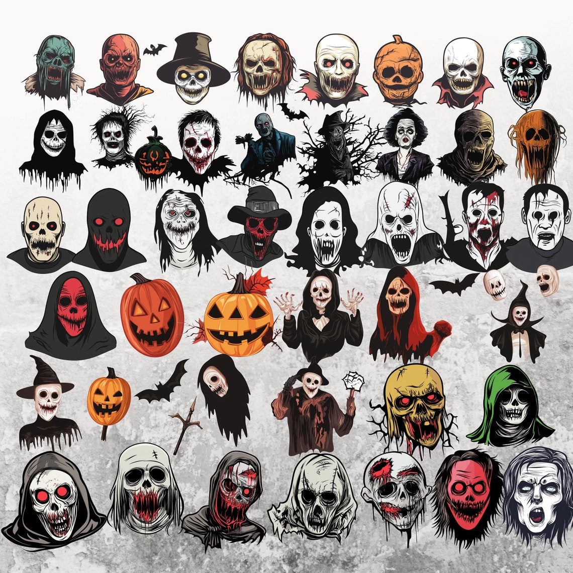 53 Halloween Horror PNG Bundle, Scary Skull Clipart, Spooky Faces ...