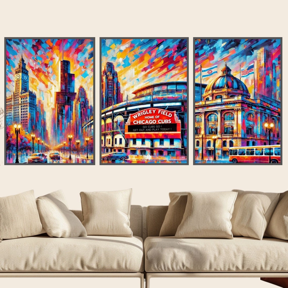 Colorful Chicago Cityscape Triptych,vibrant Wall Art of Wrigley Field ...