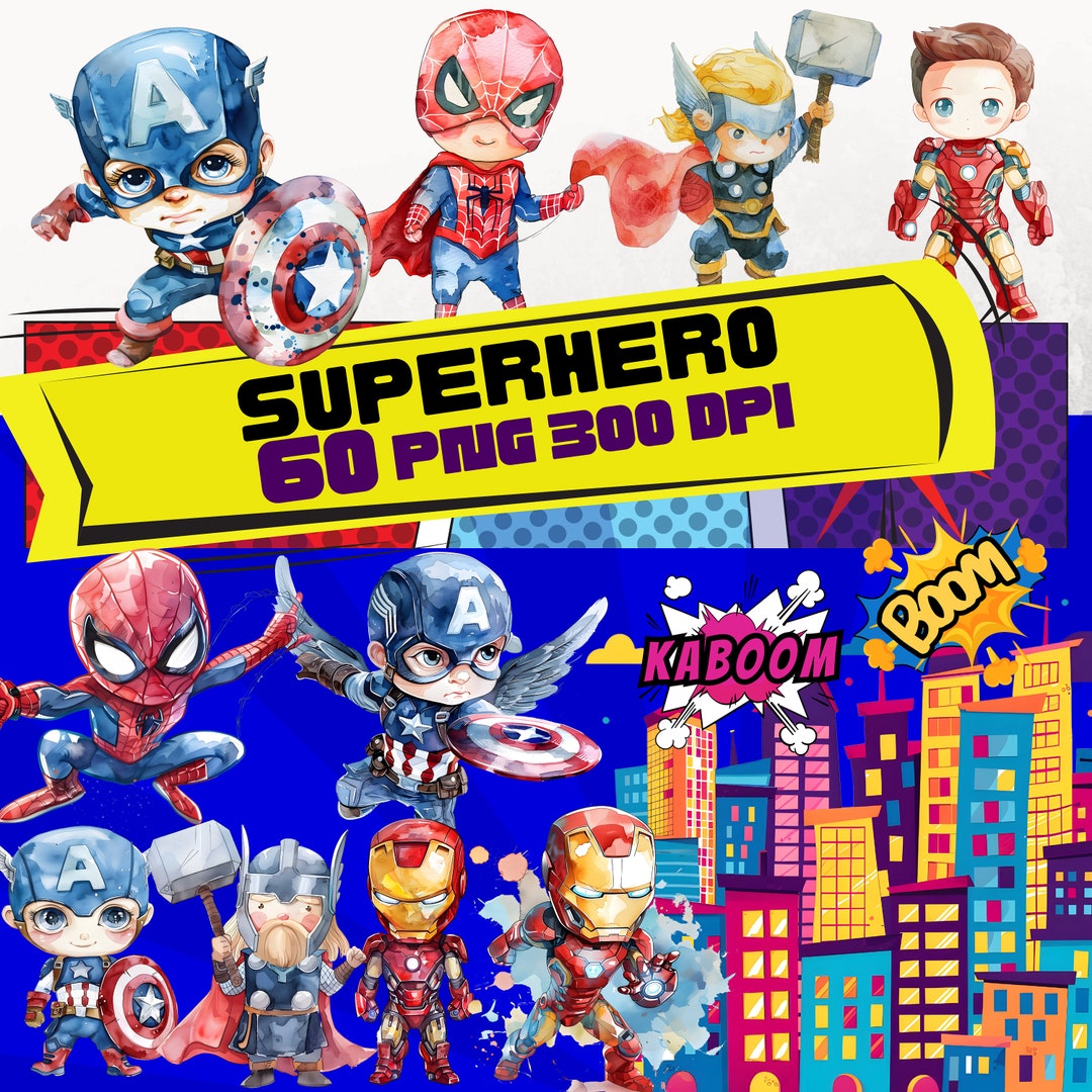 Superhero PNG Bundle - 60 Cute Chibi Characters, 300 DPI Digital ...