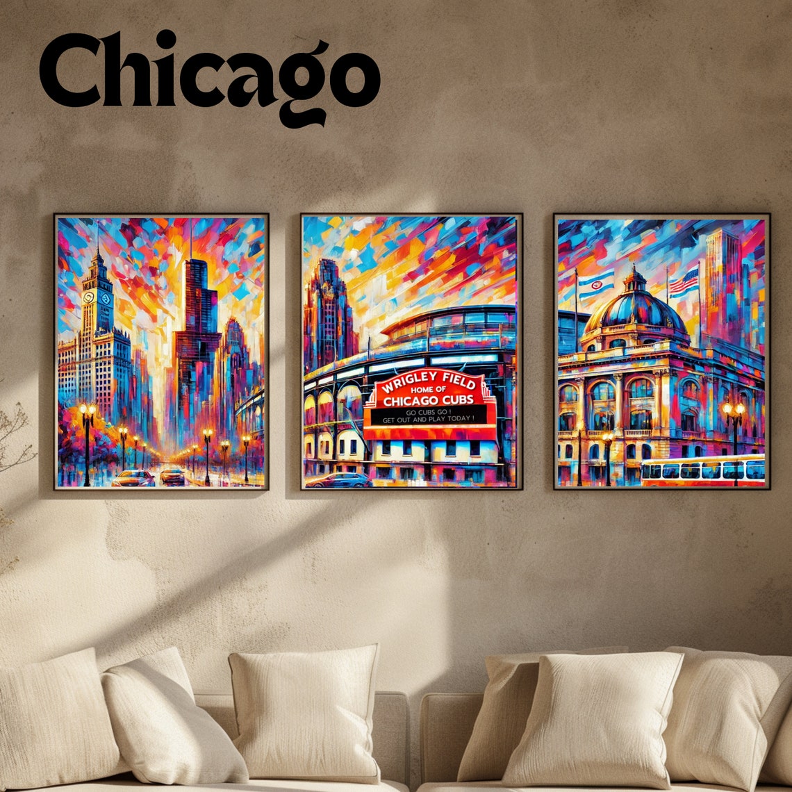 Colorful Chicago Cityscape Triptych,vibrant Wall Art of Wrigley Field ...