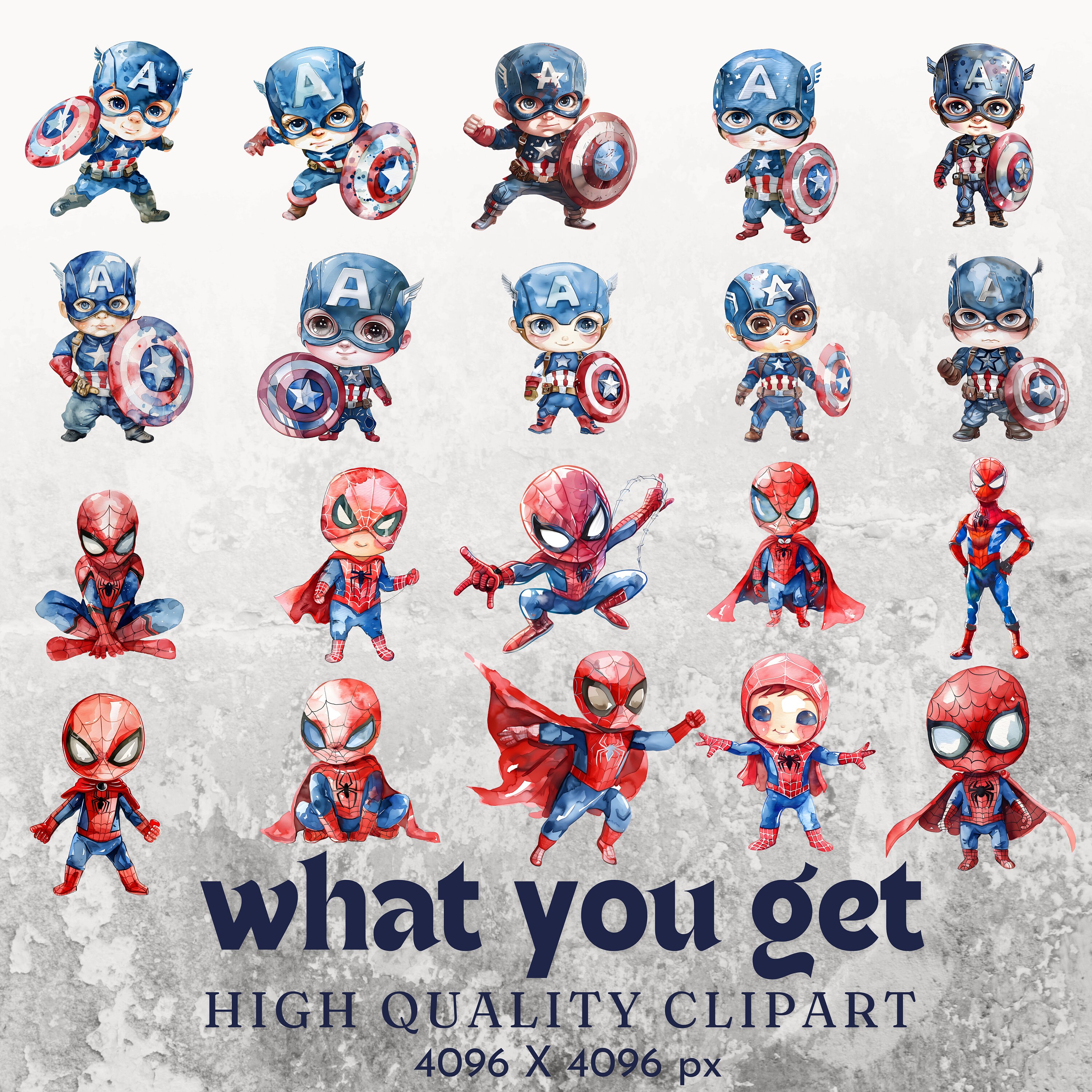 Superhero PNG Bundle - 60 Cute Chibi Characters, 300 DPI Digital ...