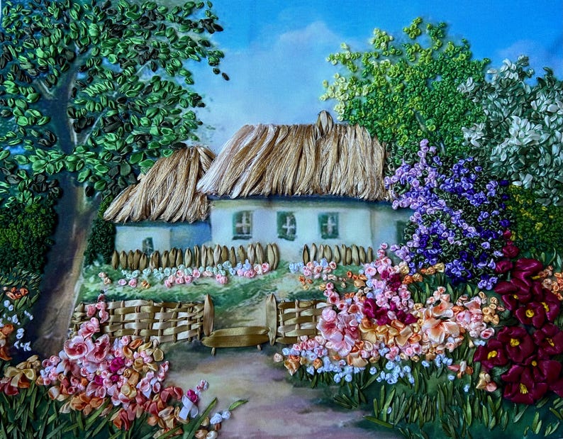Silk Ribbon Embroidery Ukrainian Traditional House in Blooming Garden ...