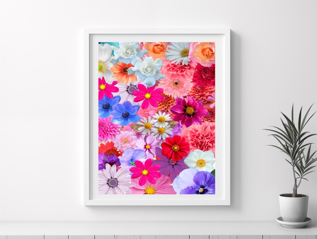Botanical Wall Art in a Blaze of Colored Flowers in Red Blue Pink White and Apricot for Bedroom ...