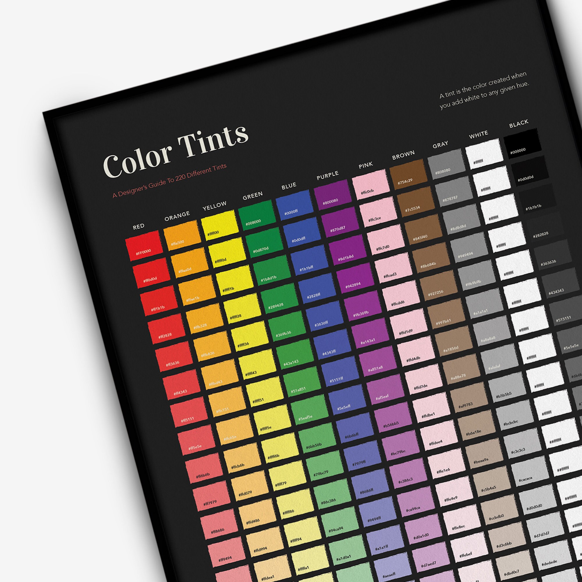 Color Tints Poster, Hex Code Color Chart, Web & Print Color Table, Ux ...