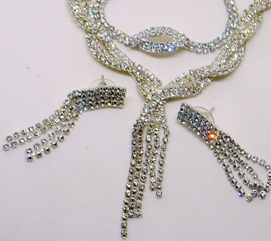 Vintage Rhinestone Set Rhinestone Dangle Earrings Necklace - Etsy