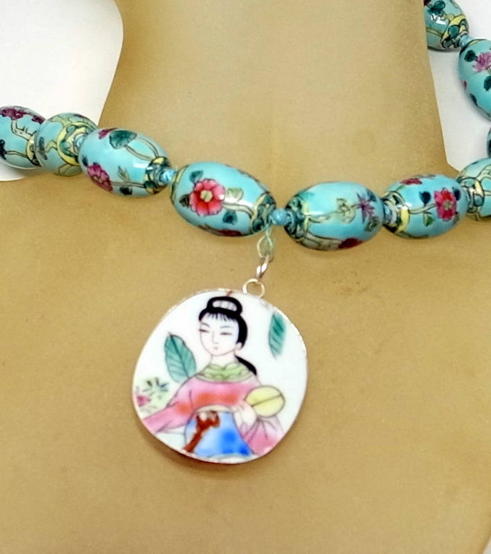 Geisha Girl Necklace - Pink and Green Hand-painted Hand-knotted on Silk ...