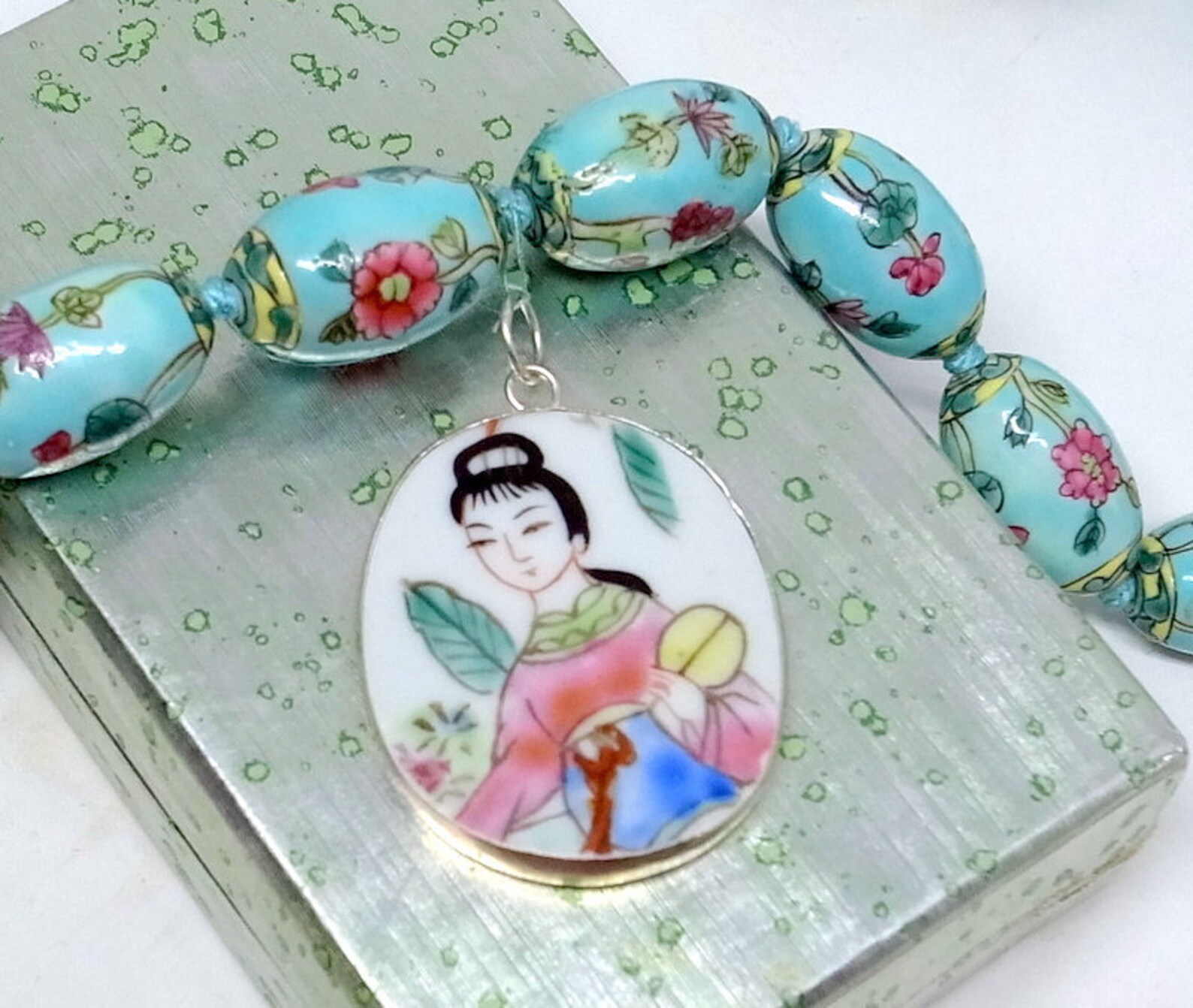 Geisha Girl Necklace - Pink and Green Hand-painted Hand-knotted on Silk ...