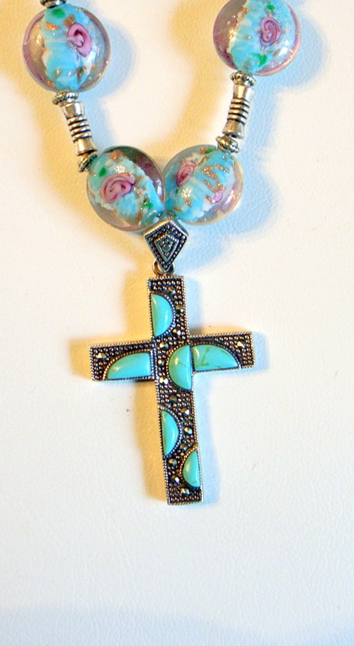 Vintage Turquoise Cross Necklace - Sterling - With Handmade Blue Rose ...
